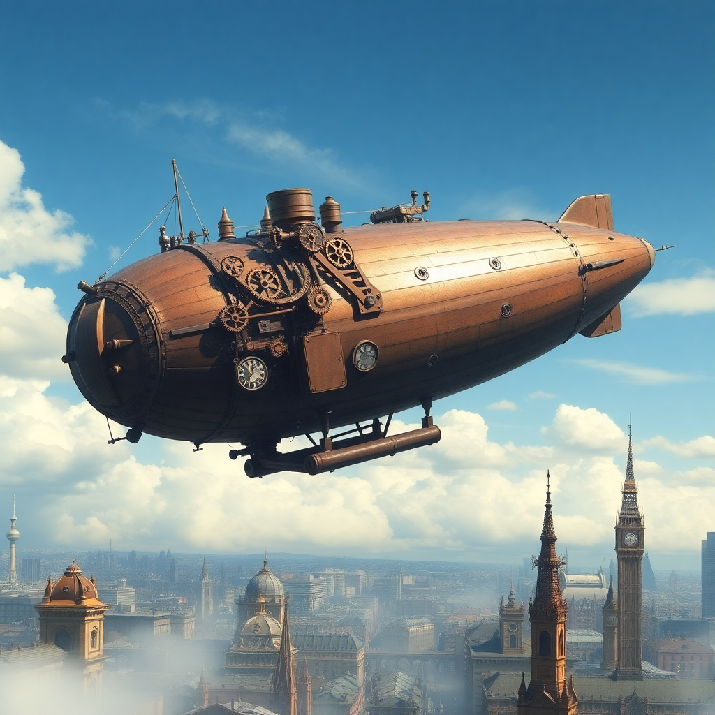AI generated image for quoate ' "A steampunk airship flying high above ...