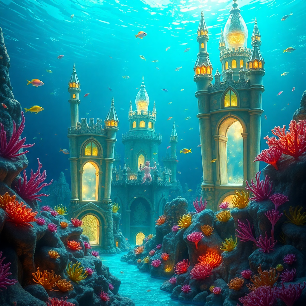 AI generated image for quoate '"An underwater kingdom with shimmering ...